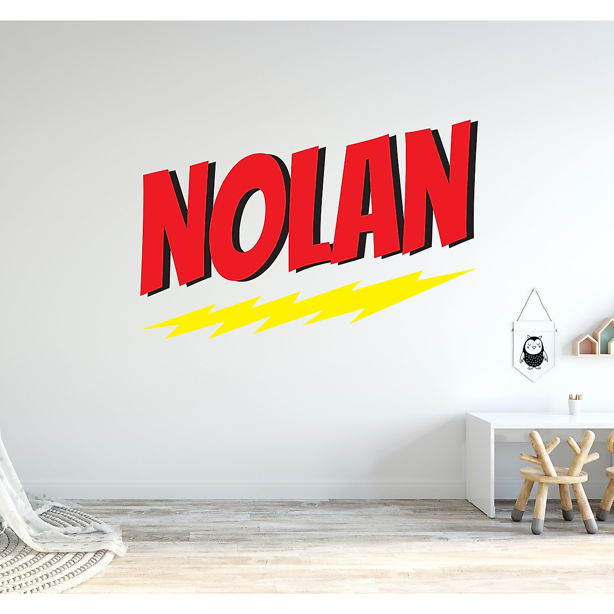 Custom Name Superhero Wall Decal - Superhero Name with Lightning Bolt Sticker - Personalized Superhero Name Wall Sticker - Superheroes Nursery Wall Decor - Wall Decal For Nursery bedroom Decoration (Mini Wide 15"x9")
