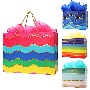 16" Extra Large Gift Bags with Tissue Papers, Extra Large Gift Bags with Handles, Large Gift Bags for Presents, Rainbow Big Gift Bags, Gold Gift Bags Large Size, Extra Large Birthday Gift Bags Bulk