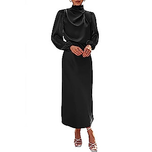 BTFBM Women's Mock Neck Satin Dress Elegant Long Sleeve Elastic High Waist Formal Wedding Cocktail Party Maxi Dresses(Solid Black, Medium)
