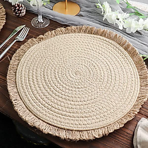 TABLECLOTHSFACTORY 4 Pack | 15" Round Natural Rustic Burlap Jute Placemats Fringed Edges, Farmhouse Placemats with Trim
