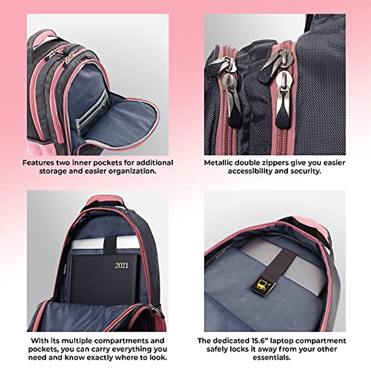 Volkano Orthopedic Series Airflow Ventilation Laptop Backpack with Padded Back, Ergonomic Backpack With Laptop Compartment 15.6" Sleeve, Sturdy Travel Backpack, for Work or School, Pink/Gray