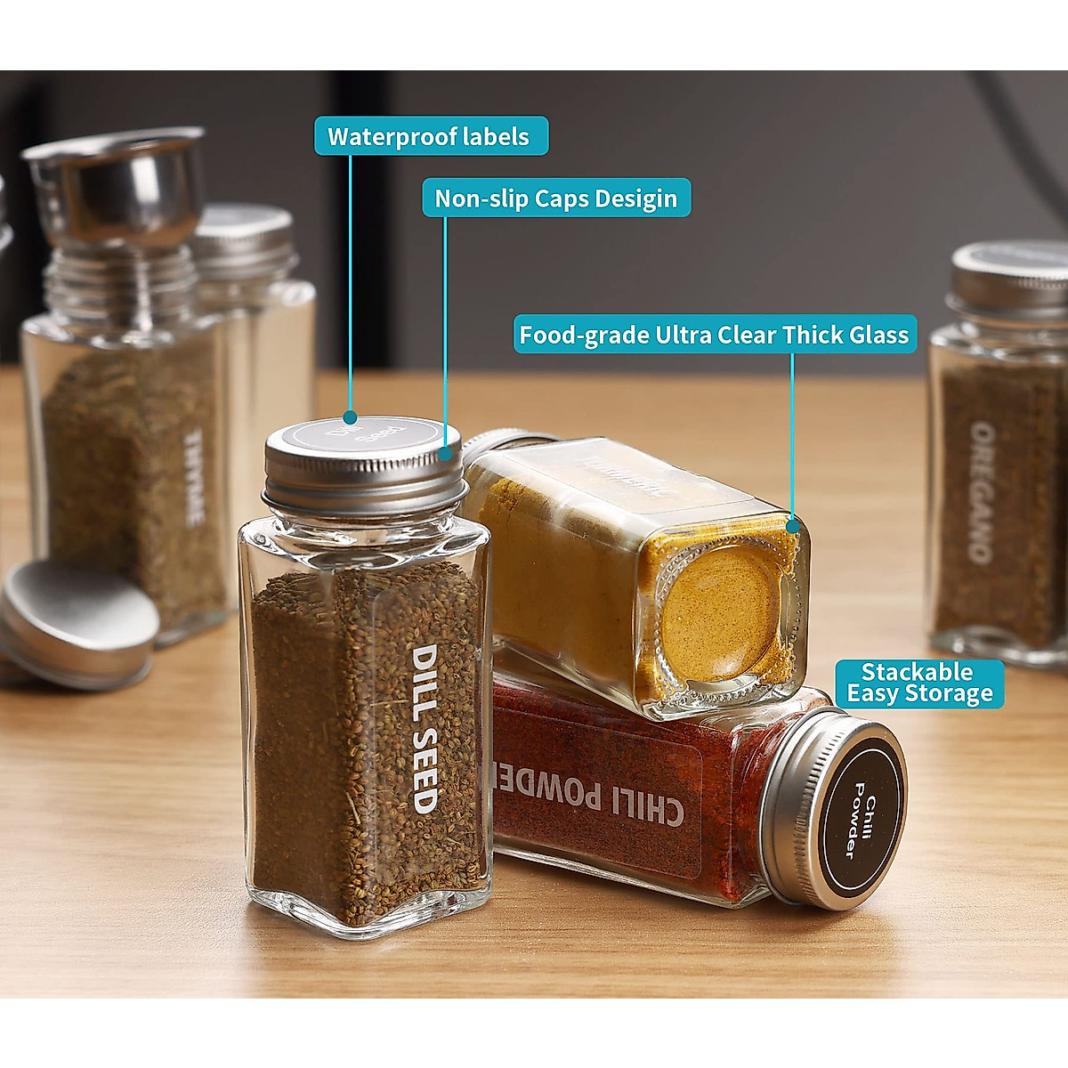 40-Pack 3.5 OZ Glass Spice Jars with 324 Labels, Shaker Lids and Airtight Metal Caps, Empty Reusable Square Seasoning Bottles, Spice Storage Containers, Marker and Stainless Steel Funnel