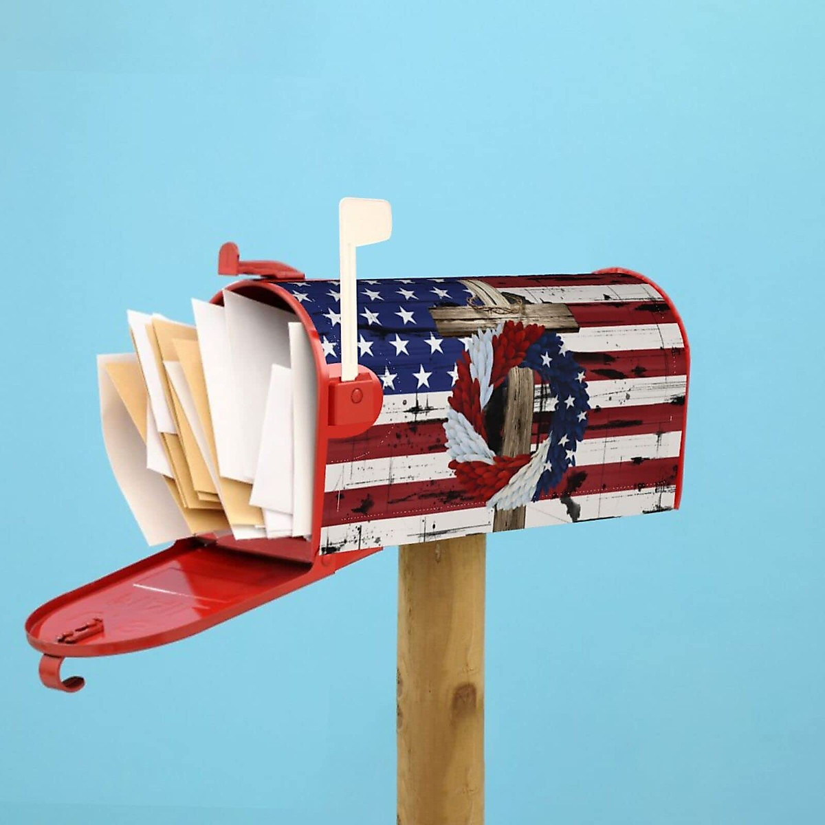 Patriotic American Flag Wreath Cross Mailbox Covers Magnetic Stars Stripes 4th of July Memorial Day Decorative Mailboxes Letter Box Cover 18x21 in for Outdoor Garden Yard Home Decor Outside