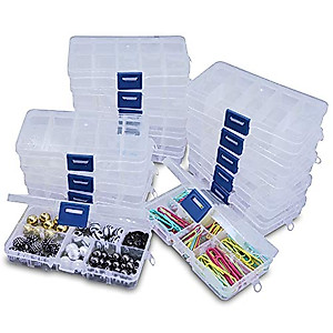 15-Pack Clear Small Jewelry Box - Plastic Organizer Box with Adjustable Dividers for Crafts, Bead, Fishing Tackle Storage, 10 Compartment Containers, 5 x 2.6 x 0.8 Inches