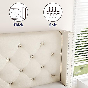 Lonkwa Full Size Bed Frame with Upholstered Wingback Headboard, Beige Platform Bed Frames with Tufted Diamond Button Headboard, Sturdy Wooden Slats, Noise-Free, Easy Assembly