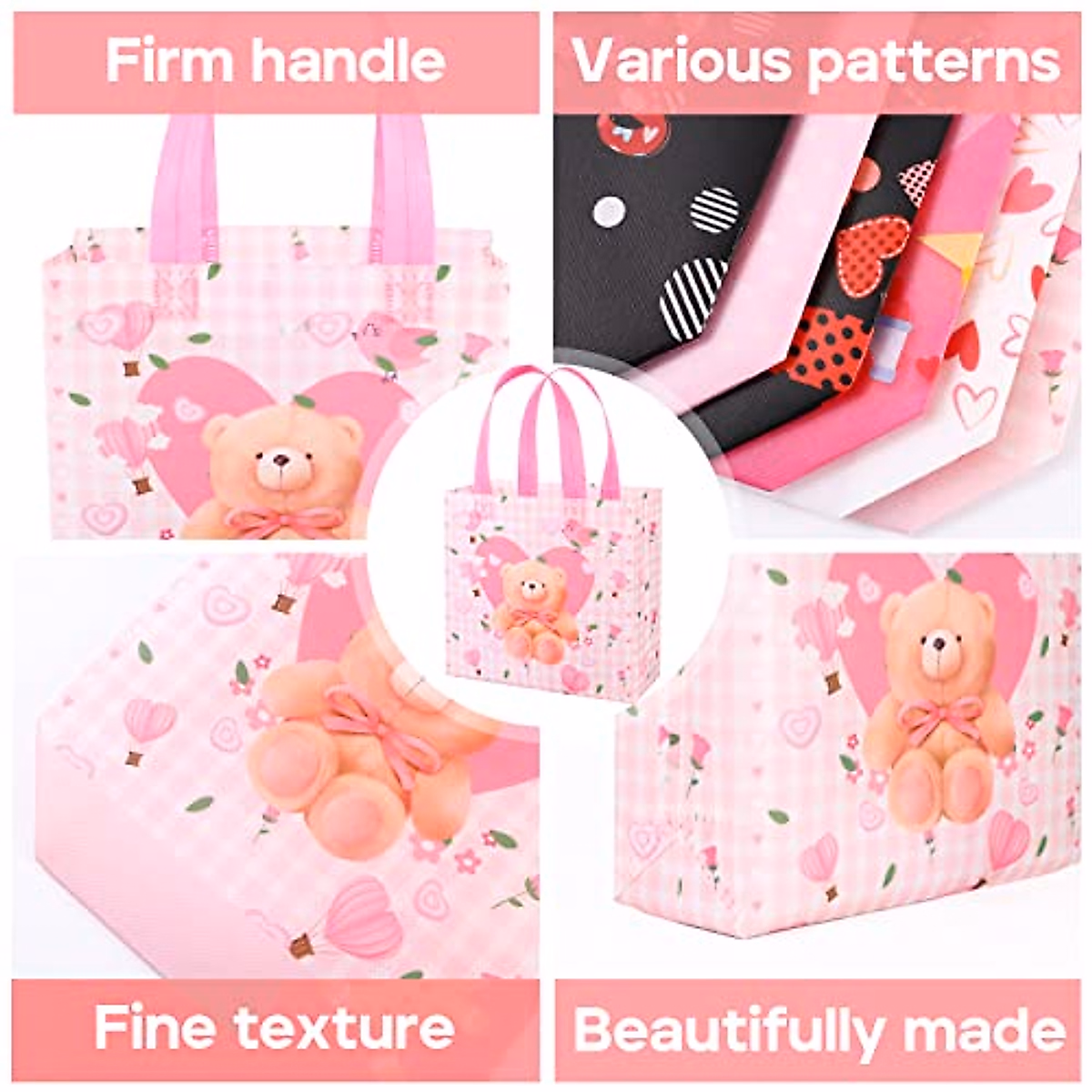 YANGTE 12Pcs Valentine's Day Gift Bags with Handles, Reusable Tote Bags Non-Woven Valentines Gift Bags for Kids Classroom Gift Exchange Party Favor, Gift Giving Goody Bags for Gift Wrapping