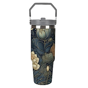 YTLKGFP 30 Oz Large Capacity Car Cup Intricate Flowers Tumbler with Handle Straw Lid Insulated Stainless Steel Water Bottle Travel Mug Leak-proof Car Cup Keeps Cold Or Hot