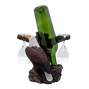Bald Eagle Statue Wine Bottle Holder with Two Wine Glasses, Kitchen Decor, 8.5 Inch
