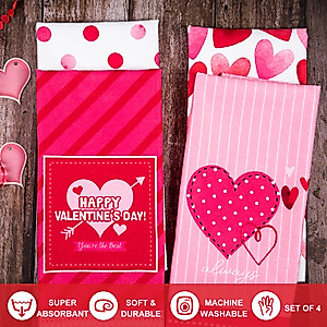 Whaline Valentine's Day Kitchen Towel Pink Heart Dot Stripe Dishcloth 28 x 18 Large Tea Towel Decorative Holiday Cloth Towel for Valentine's Day Wedding Kitchen Cooking Baking, 4 Pack