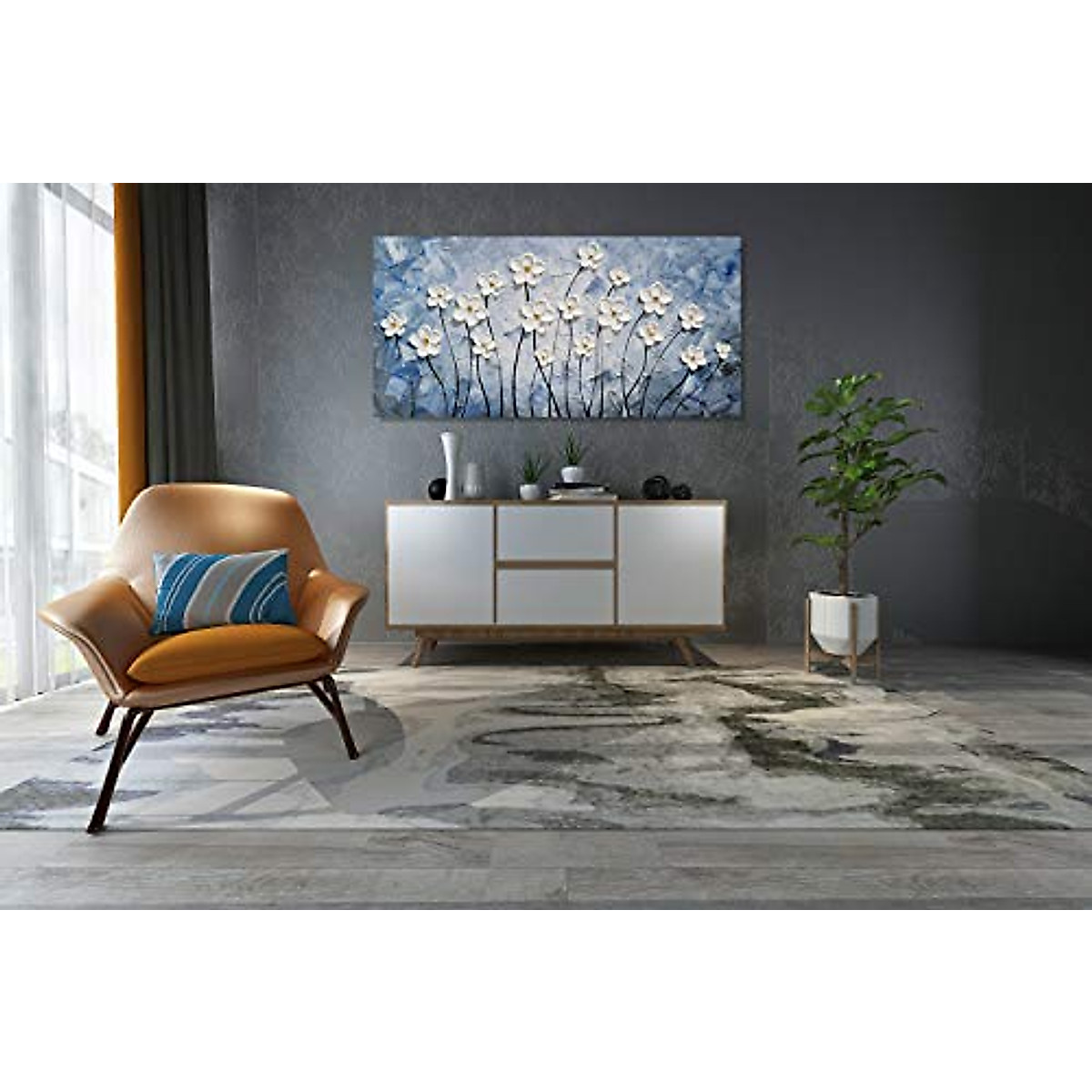 YHSKY ARTS Floral Canvas Wall Art Hand Painted Blue and White Heavy Textured Painting Modern Abstract Flower Pictures Contemporary Artwork for Living Room Bedroom Office Decoration