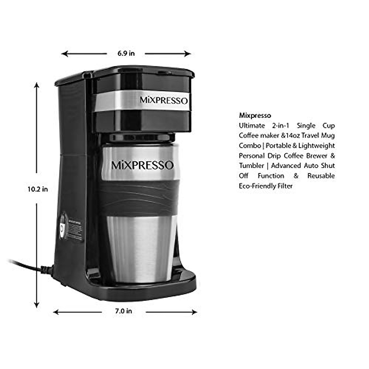 Mixpresso 2-In-1 Single Cup Coffee Maker & 14oz Travel Mug Combo | Portable & Lightweight Personal Drip Coffee Brewer & Tumbler Advanced Auto Shut Off Function & Reusable Eco-Friendly Filter