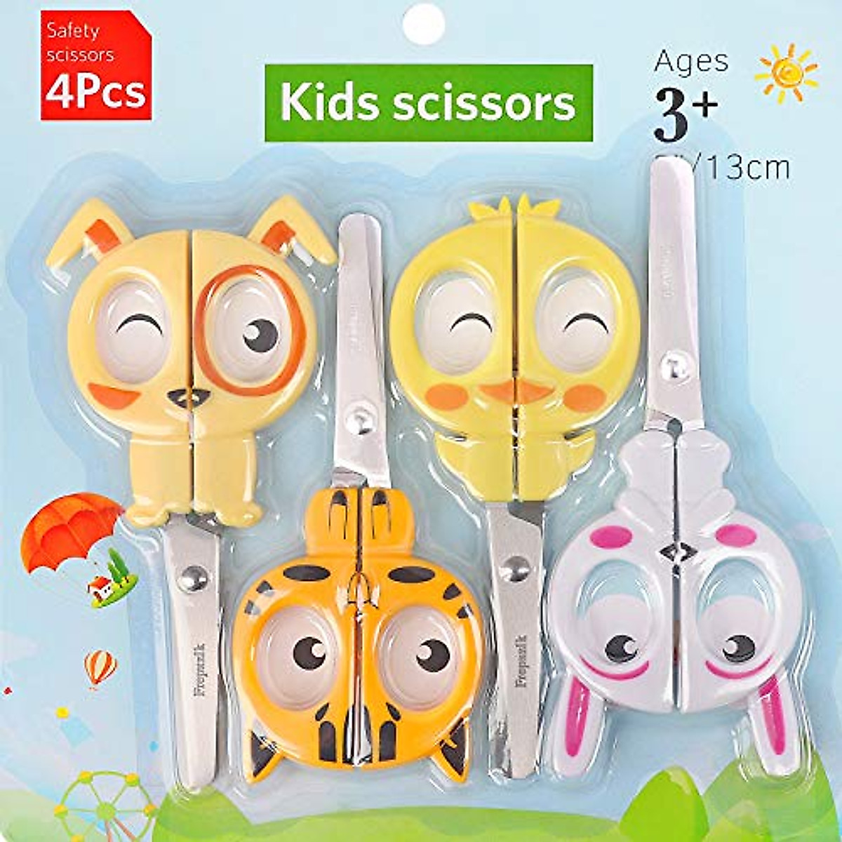 Asdirne Scissors For Kids, Blunt Scissors, Small School Student Craft Scissors, Sharp Stainless Steel Blades Safety, Cute Animal Shapes, 5 inch, 4pack