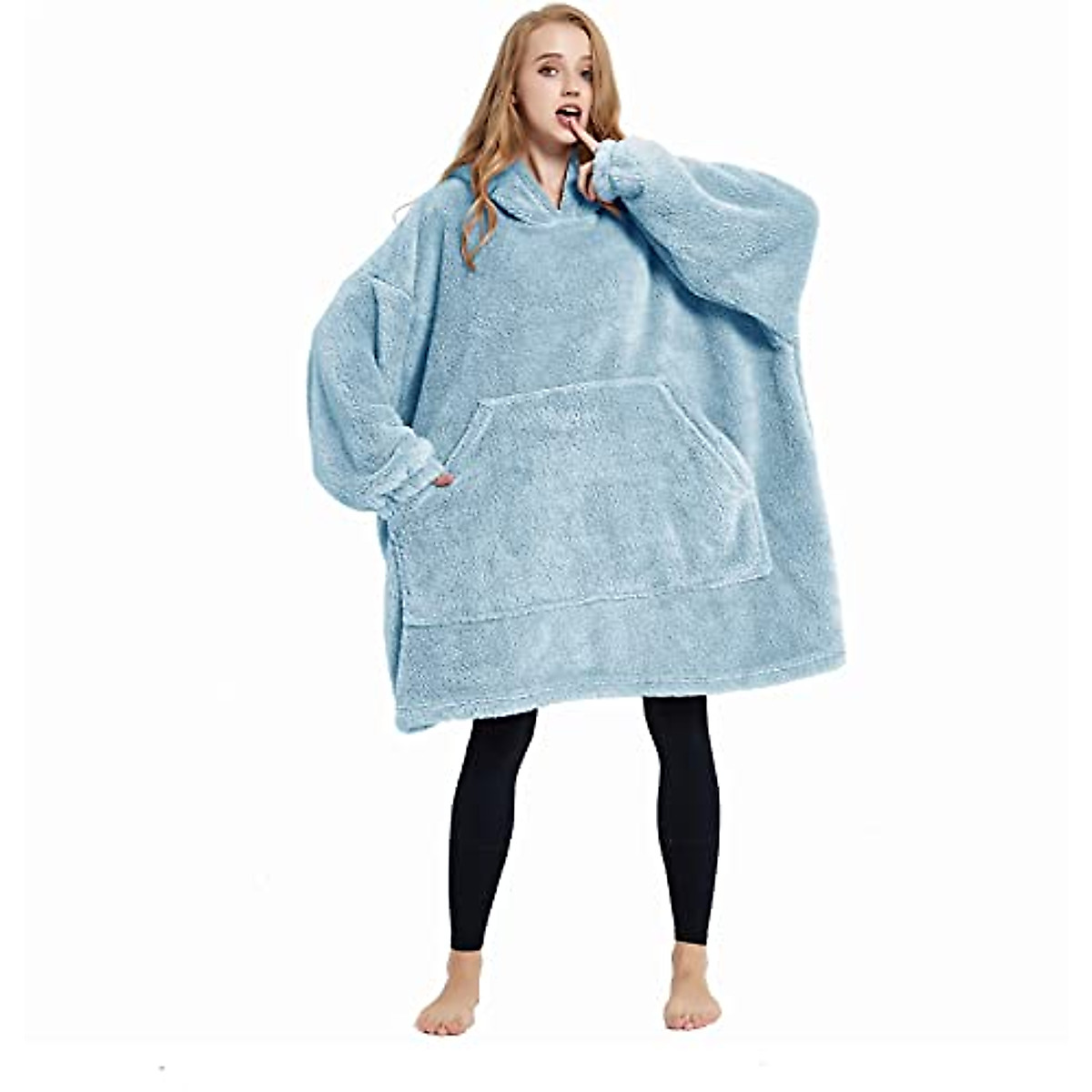 Blanket Hoodie for Women and Men Super Warm and Cozy Giant Blanket Sweatshirt (Light Blue One Size)