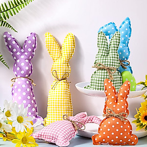 6 Pcs Rustic Easter Bunny Decor Farmhouse Stuffed Fabric Bunny Ornament Polka Dot Grid Easter Basket Bowl Fillers for Tiered Tray Desk Table Top Wedding Home Easter Centerpiece Decoration (Dark)