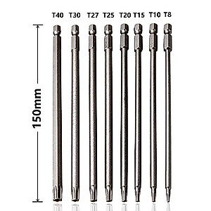Saiper 8 Pieces 1/4 Inch Hex Shank Torx Security Head Screw Driver Bit Magnetic Star S2 Steel Screwdriver Set Bits T8-T40, 150mm/6 Inch Long