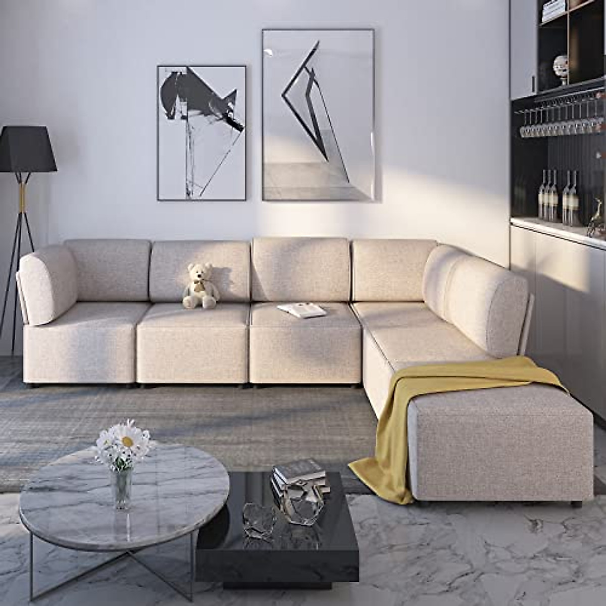 CECER U Shaped Modular Sectional Sofa, Convertible L Shaped Couch Sofa, Queen Sleeper Sofa, Variable Modular Oversized Couches for Living Room, (Beige)