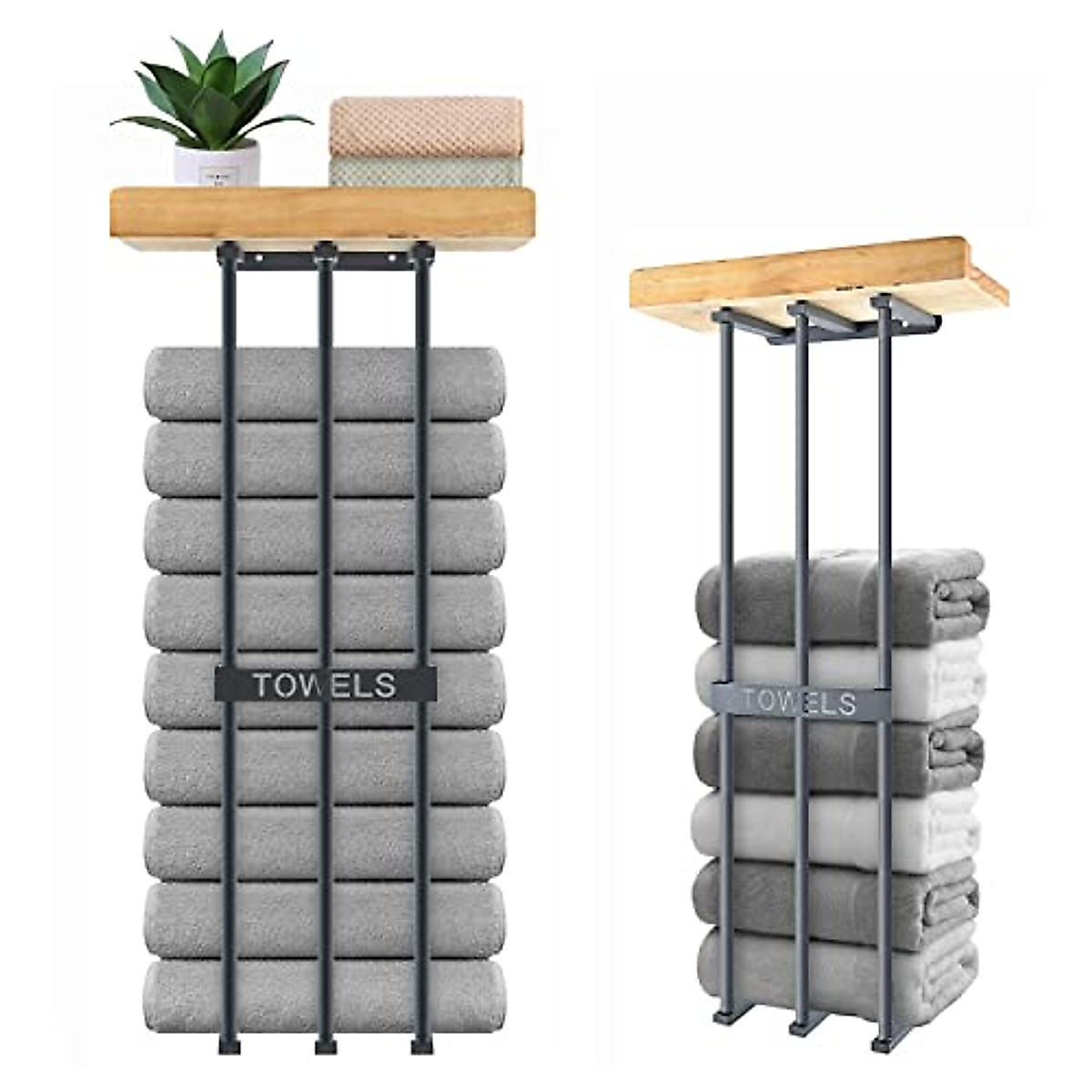 HTCBF Wall Towel Rack for Rolled Towels with Shelf,Upgrade 3 Bar Towel Racks for Bathroom Wall Mounted,Metal Towel Holders with Wooden Shelf,Bath Towel Holder for Folded Large Towel Washcloths