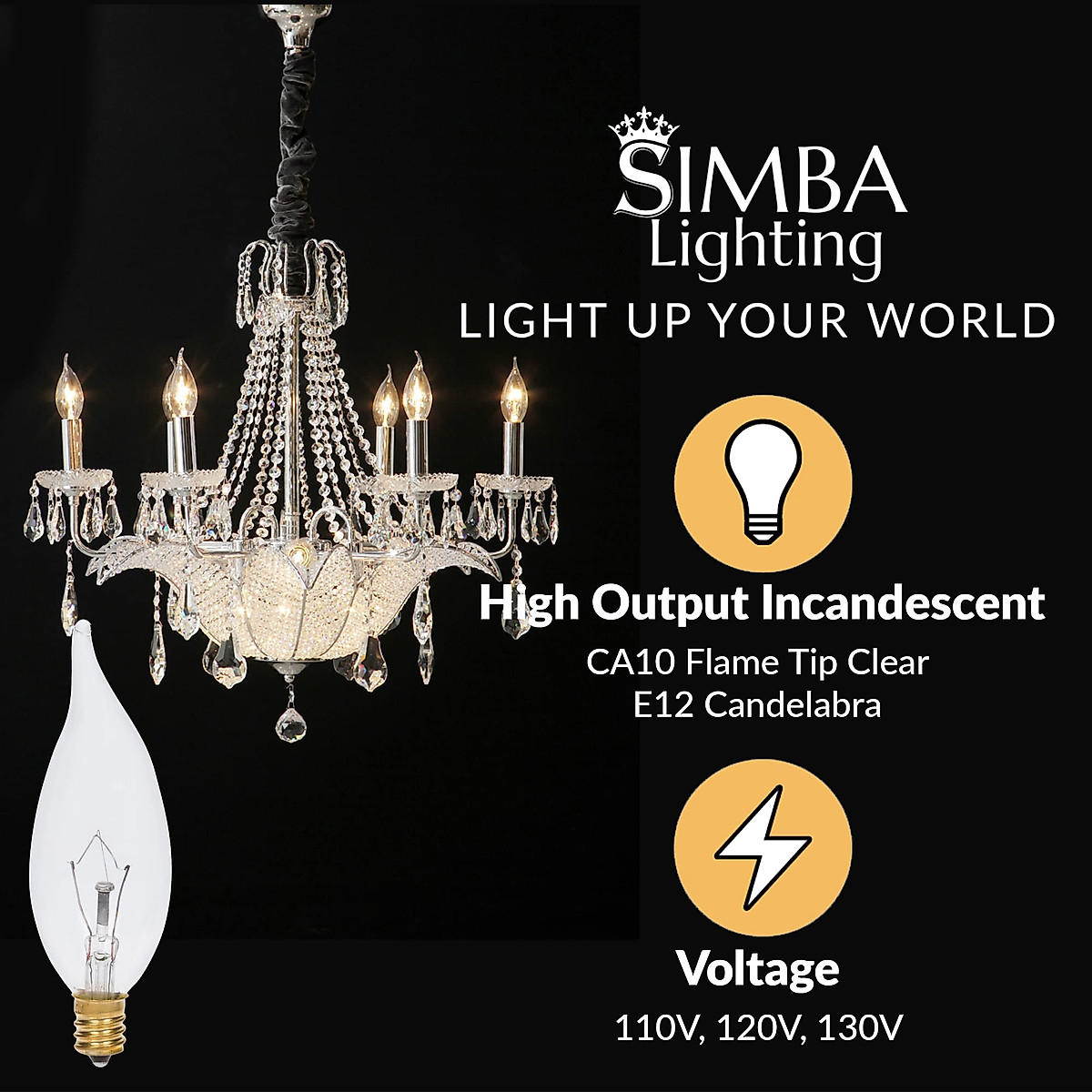 Simba Lighting Candelabra Flame Tip Clear CA10 25W E12 Base (12 Pack) Decorative Incandescent Light Bulbs 120V for Chandeliers, Ceiling Fan Lights, Pendants, Wall Sconces, Dimmable, Warm White 2700K