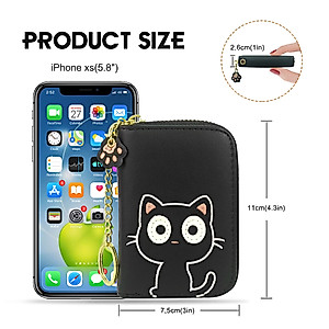 CONISY Cute Card Holder for Women, RFID Leather Small Credit Card Holder Wallet with Removable Keychain Wristlet (black cat)