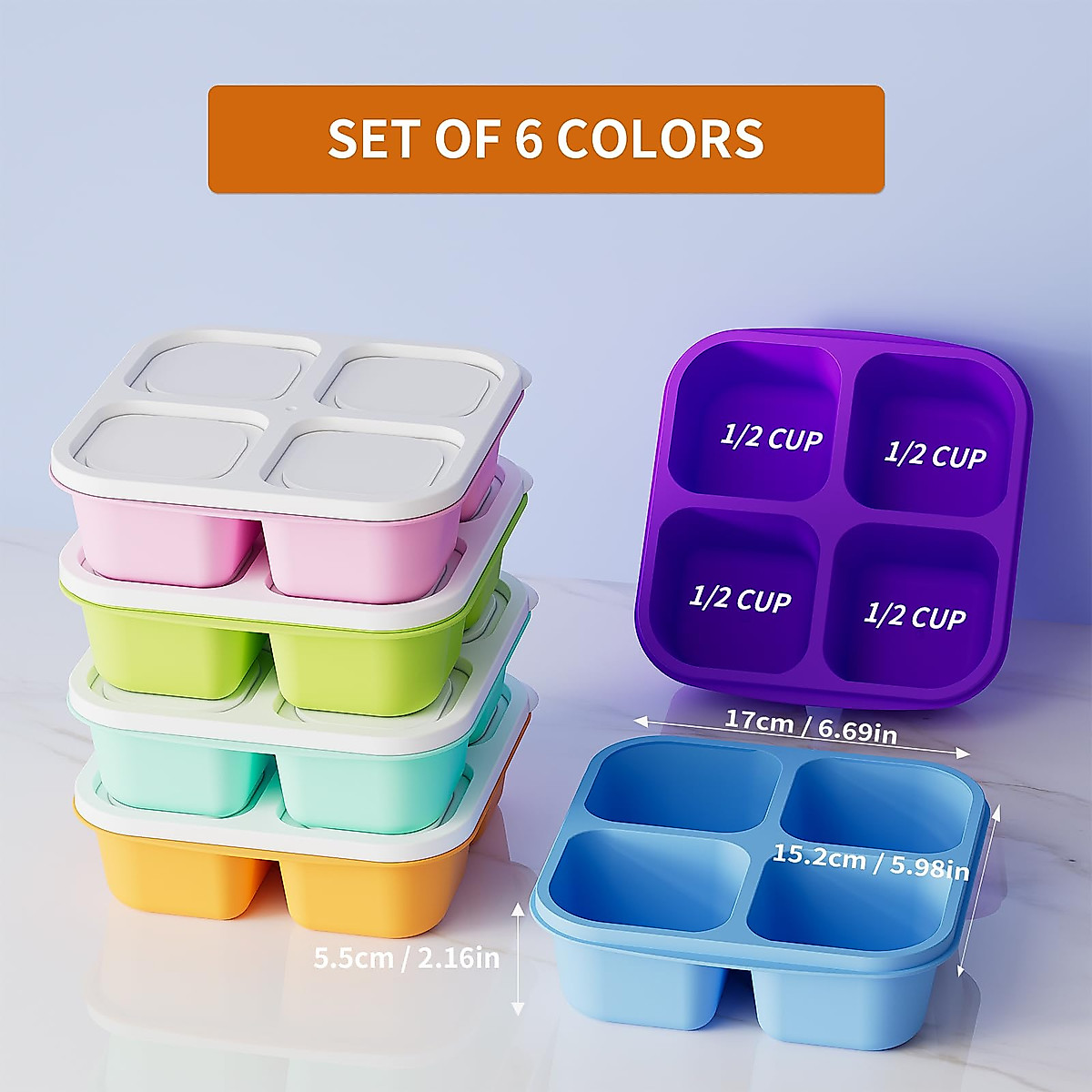 KEMETHY 6 Pcs Bento Snack Containers, Reusable 4 Compartment Food Storage Container with Lids, Divided Lunchable Container, Freezer, Microwave & Dishwasher Safe (6 Color)