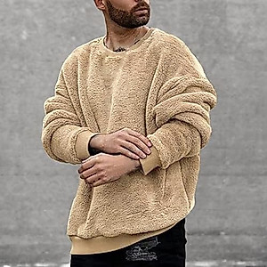 lisenraIn Men's Sherpa Hoodie Fuzzy Pullover Long Sleeve Kangaroo Pocket Hoodie Autumn Winter Hooded Sweatshirt (Khaki-no hood or pocket, XL)