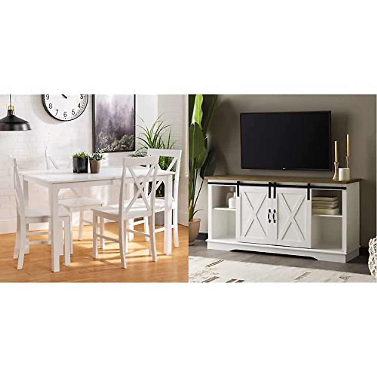 Walker Edison 4 Person Modern Farmhouse Dining Room Kitchen Table Set Dining 4 Chairs Set, 48 Inch, White & Richmond Modern Farmhouse Sliding Barn Door TV Stand, White and Rustic Oak