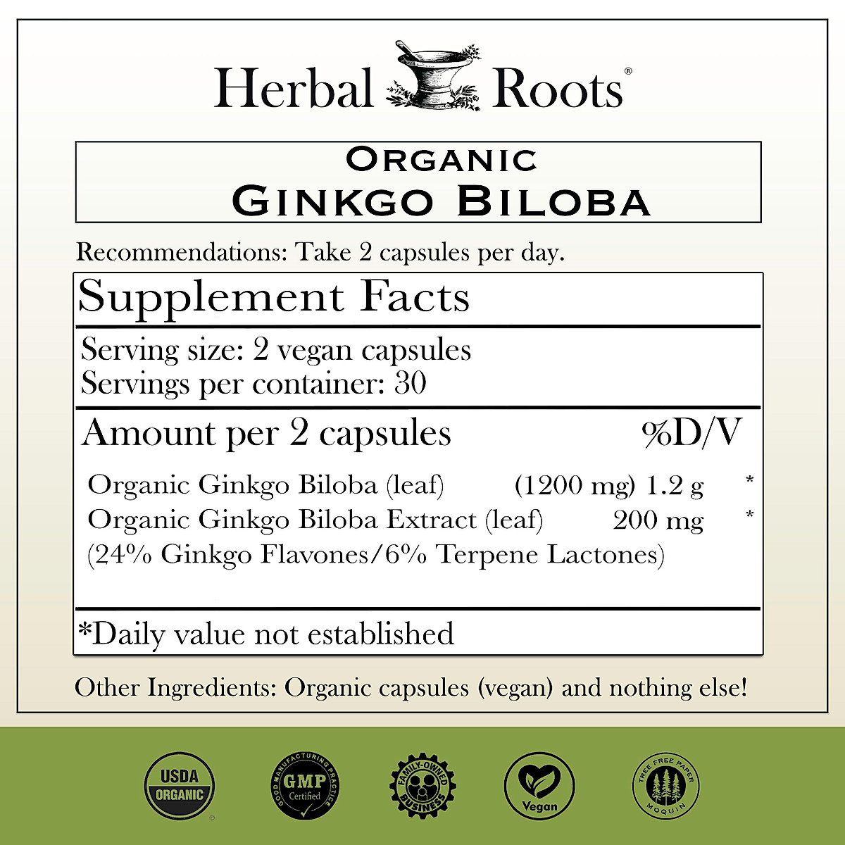 Herbal Roots Organic Ginkgo Biloba Made with Pure Organic Ginkgo Leaf - 1,400mg per Serving, 60 Vegan Capsules