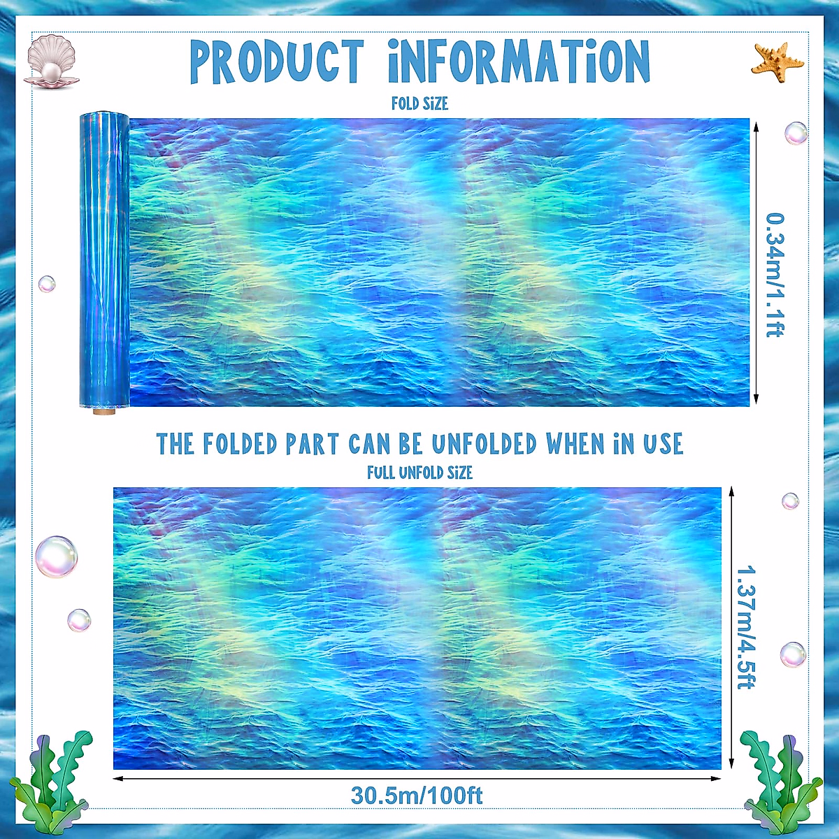 1 Roll 1200 Inch X 54 Inch Iridescent Under The Sea Tablecloth Ocean Wave Tablecloth Plastic Disposable Iridescent Table Covers Backdrop for Ocean Under The Sea Mermaid Pool Beach Party Decorations
