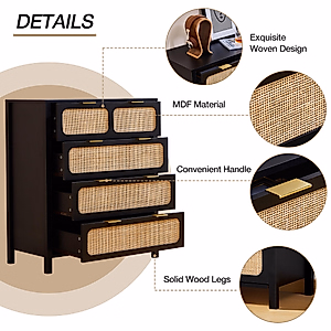 QEIUZON 4 Drawer Dresser, Modern Rattan Dresser Chest with Wide Drawers and Metal Handles, Farmhouse Wood Storage Chest of Drawers for Bedroom, Living Room, Hallway, Entryway (Black-4 Drawers-2 Packs)