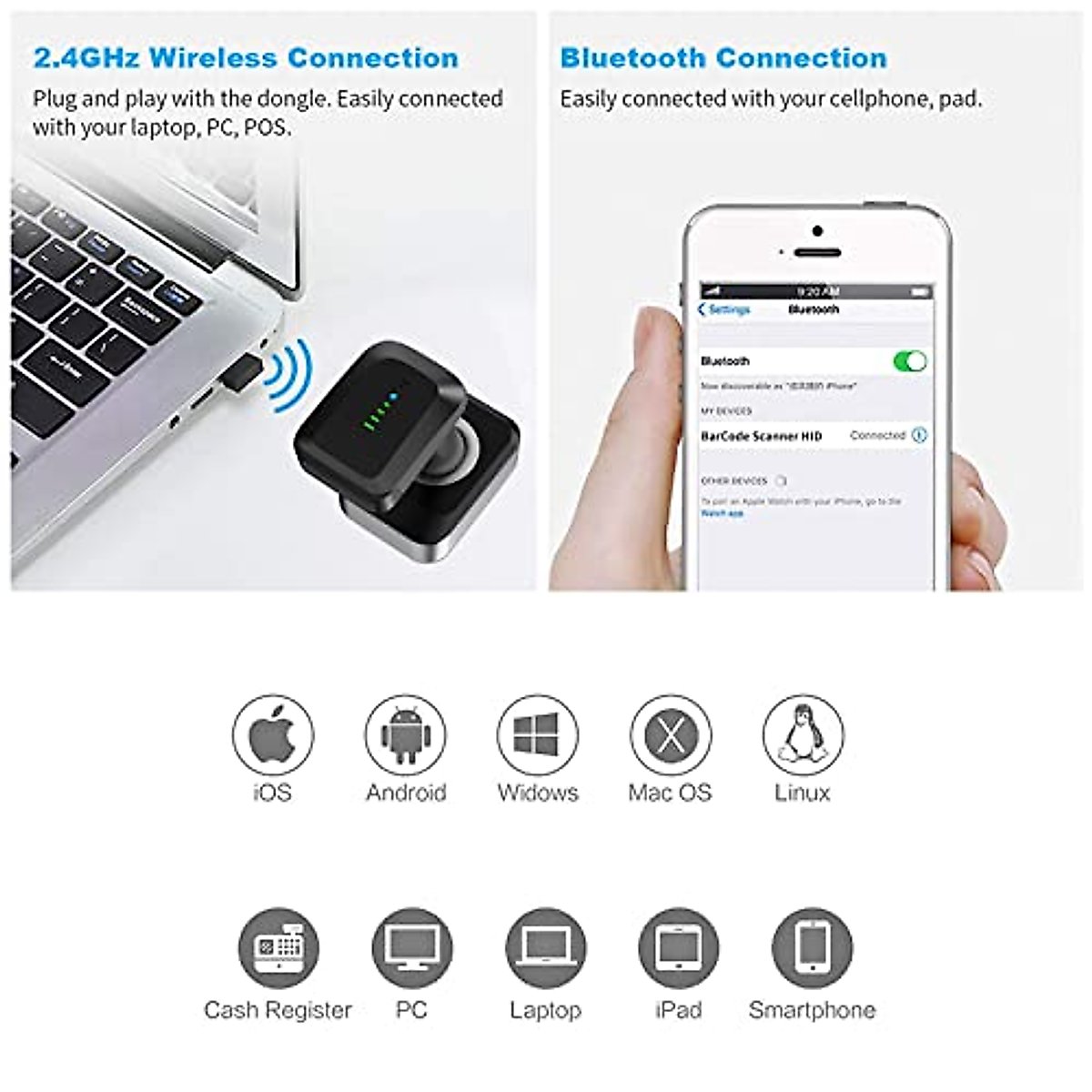 Alacrity 2D QR Wireless Barcode Scanner with Charging Base and Battery Level Indicator Bluetooth & 2.4GHz Wireless & USB Wired 3 in 1 Connection Handsfree Auto-Sense Barcode Reader Scanner