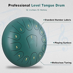 EASTROCK Steel Tongue Drum 13 Notes 12 Inches Percussion Instrument Handpan Drum C Key for Meditation Entertainment Concert Yoga with Travel Bag, Mallets, Music Book (Green)