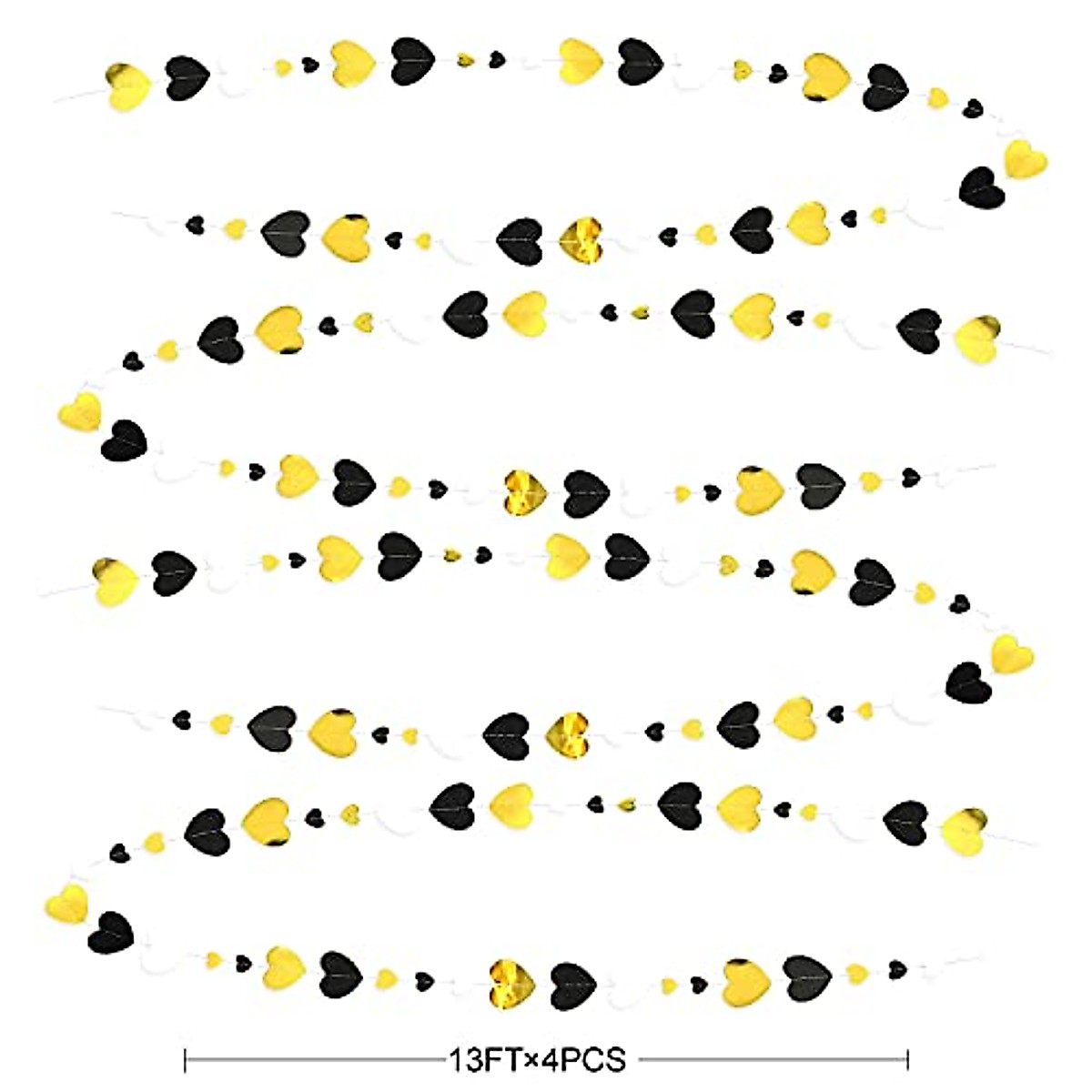 52Ft Black Gold White Love Heart Garland Hanging Paper Streamer Banner for Anniversary Bachelorette Engagement Wedding Bridal Baby Shower Birthday Mothers Day Valentines Day Party Decorations Supplies