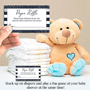 Beautiful Striped Navy & Silver Diaper Raffle Tickets for Boy Baby Showers, 20 2" X 3” Double Sided Insert Cards for Games by AmandaCreation, Bring a Pack of Diapers to Win Favors & Prizes!