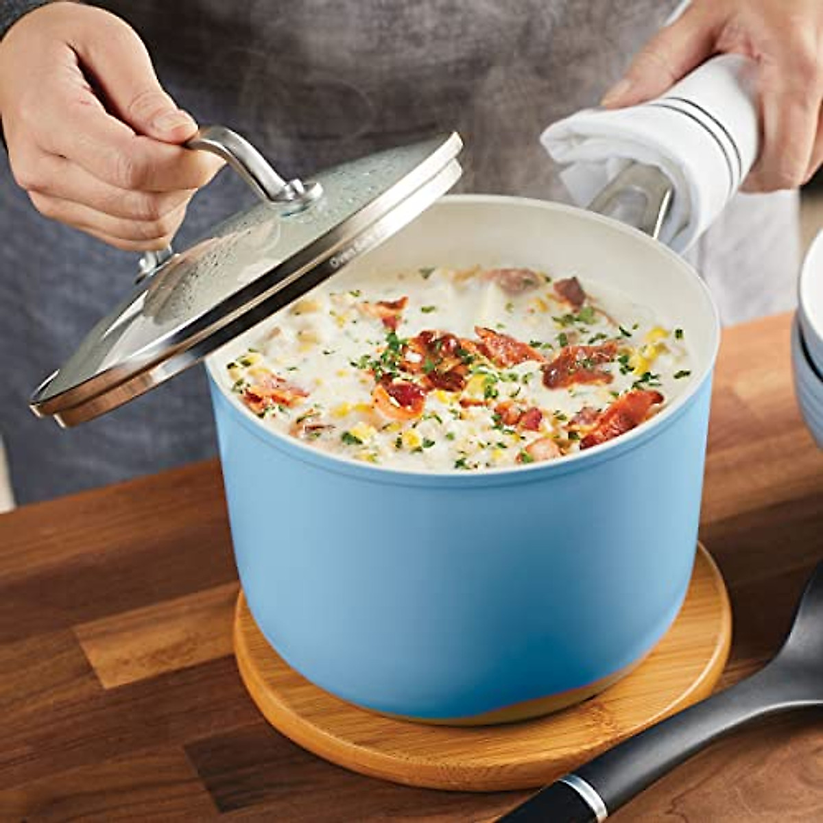 KitchenAid Hard Anodized Ceramic Nonstick Cookware Sauce Pan with Lid, 3 Quart, Blue Velvet