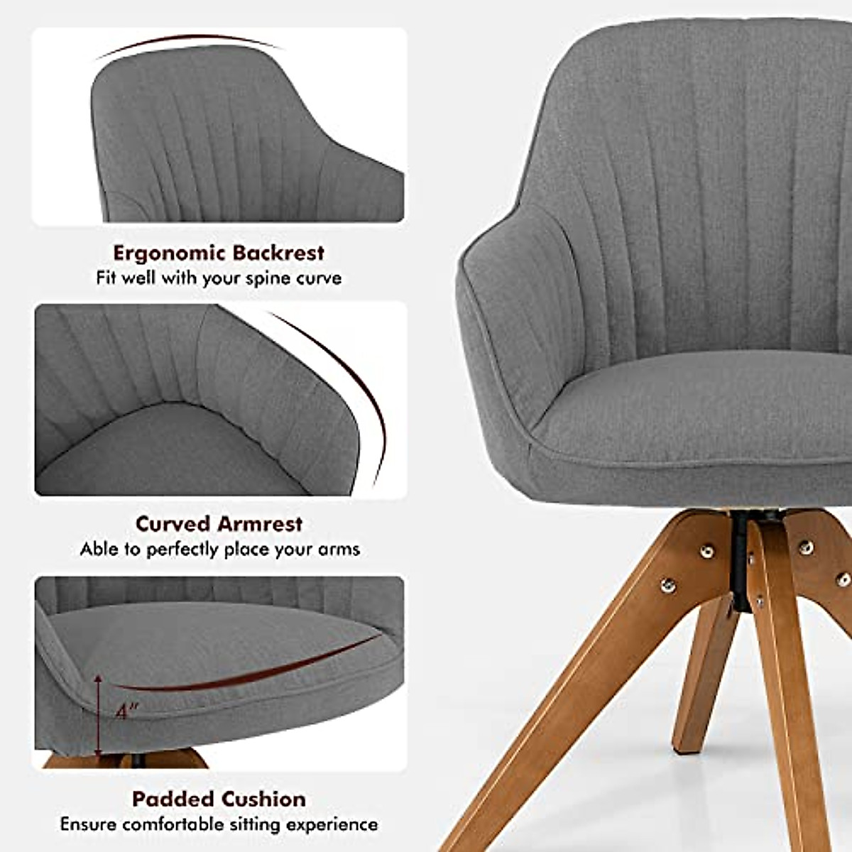Giantex Desk Chair No Wheels, Super Easy to Install, Mid Century Computer Desk Armchair with Linen Fabric and Soft Sponge Filling, Swivel Accent Chair for Home Office, Grey
