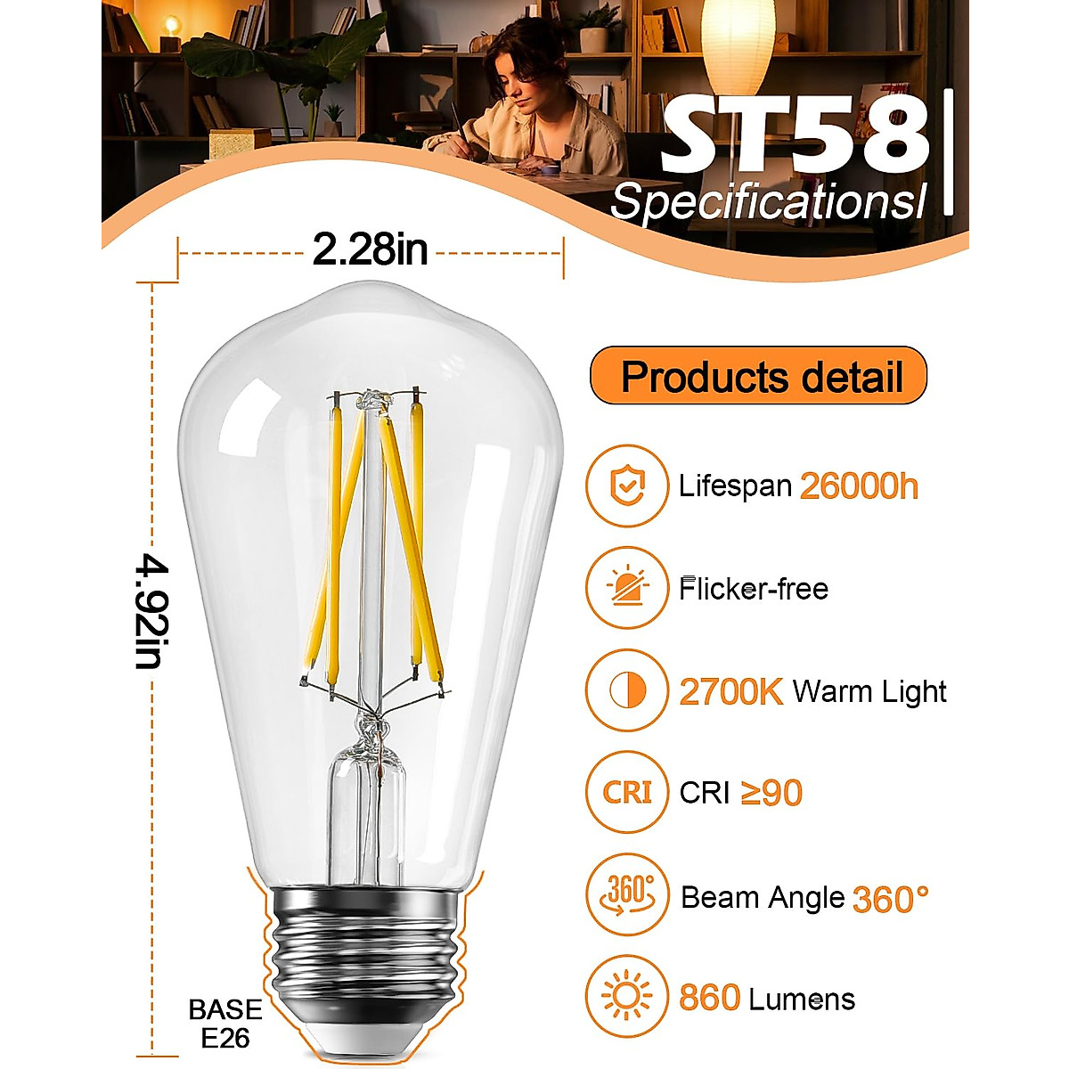Ultra-Lasting 25000hs+ ST58 E26 LED Bulbs 60 Watt Vintage LED Edison Bulbs Warm White 2700K High Brightness, Bathroom Light Bulbs with 90+ CRI Non Dimmable Clear Glass, Pack of 4