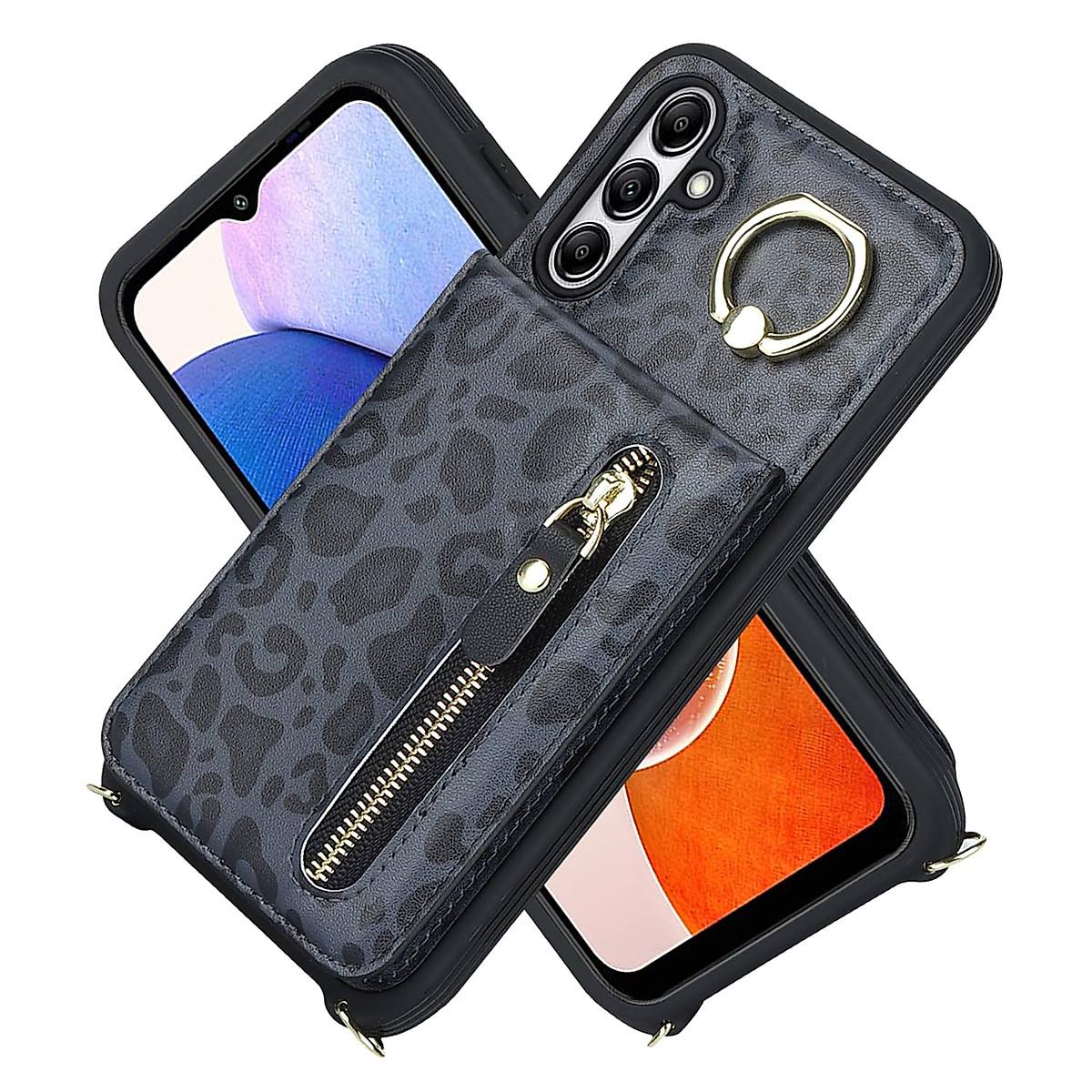 DEYHU for Samsung Galaxy A14 5G Case with Card Holder and Strap for Women,Crossbody Lanyard,Ring Stand,Snap Clasp,Phone Wallet Case - Black Leopard