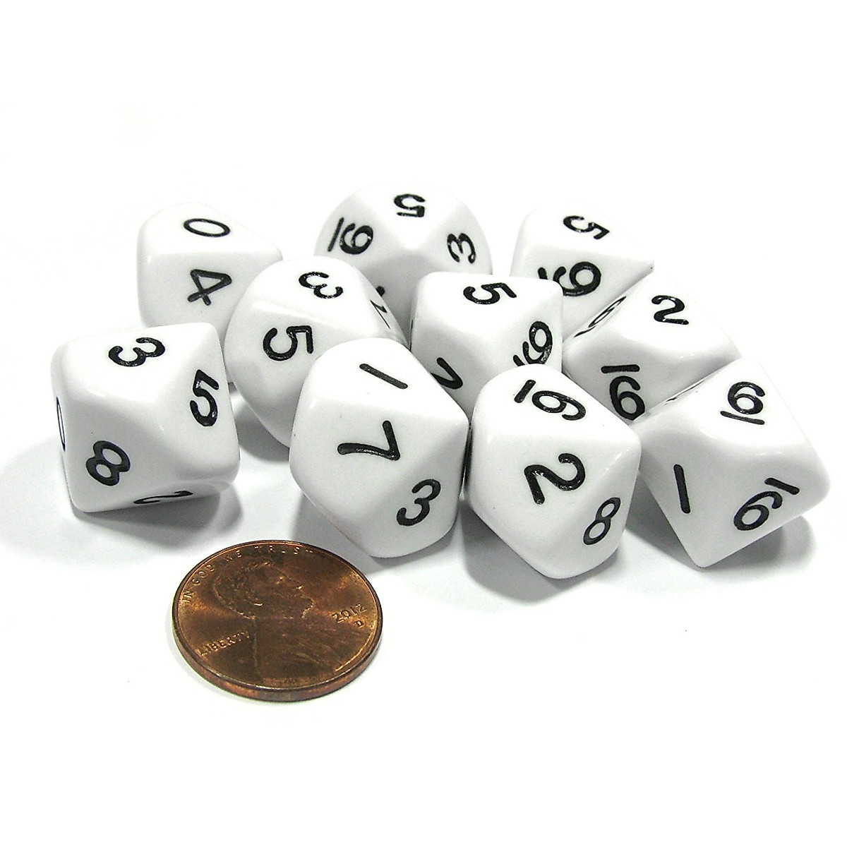 Koplow Games 10 Piece Set of 10-Sided D10 Polyhedral Dice - White with Black Numbers