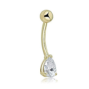 AVORA 10K Yellow Gold Simulated Diamond CZ Pear-shaped Belly Button Ring Body Jewelry (14 Gauge)