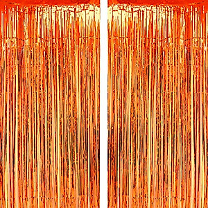 Orange Party Tinsel Foil Fringe Curtains - Fall Thanksgiving Carnival Halloween Construction 1st Birthday Graduation Wedding Party Photo Booth Props Backdrops Decorations