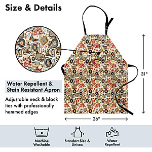Lunarable Vintage Apron, Retro 60s 70s Radios Sets Music Bass Notes Antique Cartoon Image, Unisex Kitchen Bib Apron with Adjustable Neck for Cooking Baking Gardening, Cream Taupe Tan Dark Orange