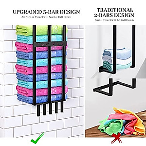 Hzdyopk Wall Mounted Towel Rack for Rolled Towels, Bathroom New Upgrade 3 Bar Towel Racks for Folded Large Towel Storage, with 5 Hooks, Metal Towel Shelf for Bathroom Wall Mounted