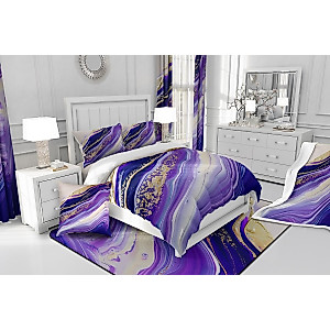 Erosebridal White and Purple Marbling Bedding Set Abstract Ombre Comforter Cover Golden Gradient Tie Dye Duvet Cover King,Iridescent Ink Fluid Art Marble Home Decor