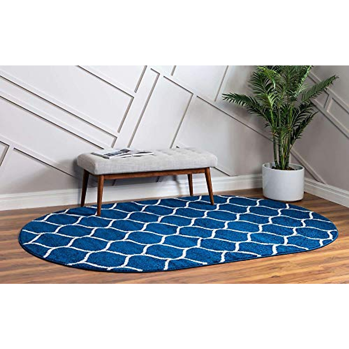 Unique Loom Trellis Frieze Collection Area Rug - Rounded (5' x 8' Oval, Navy Blue/ Ivory)