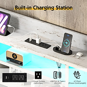 LUXOAK Full Farmhouse Bed Frame with Bookcase Headboard and 4 Drawers, LED Storage Bed with Charging Station & Linen Upholstered, No Box Spring Needed, Distressed White