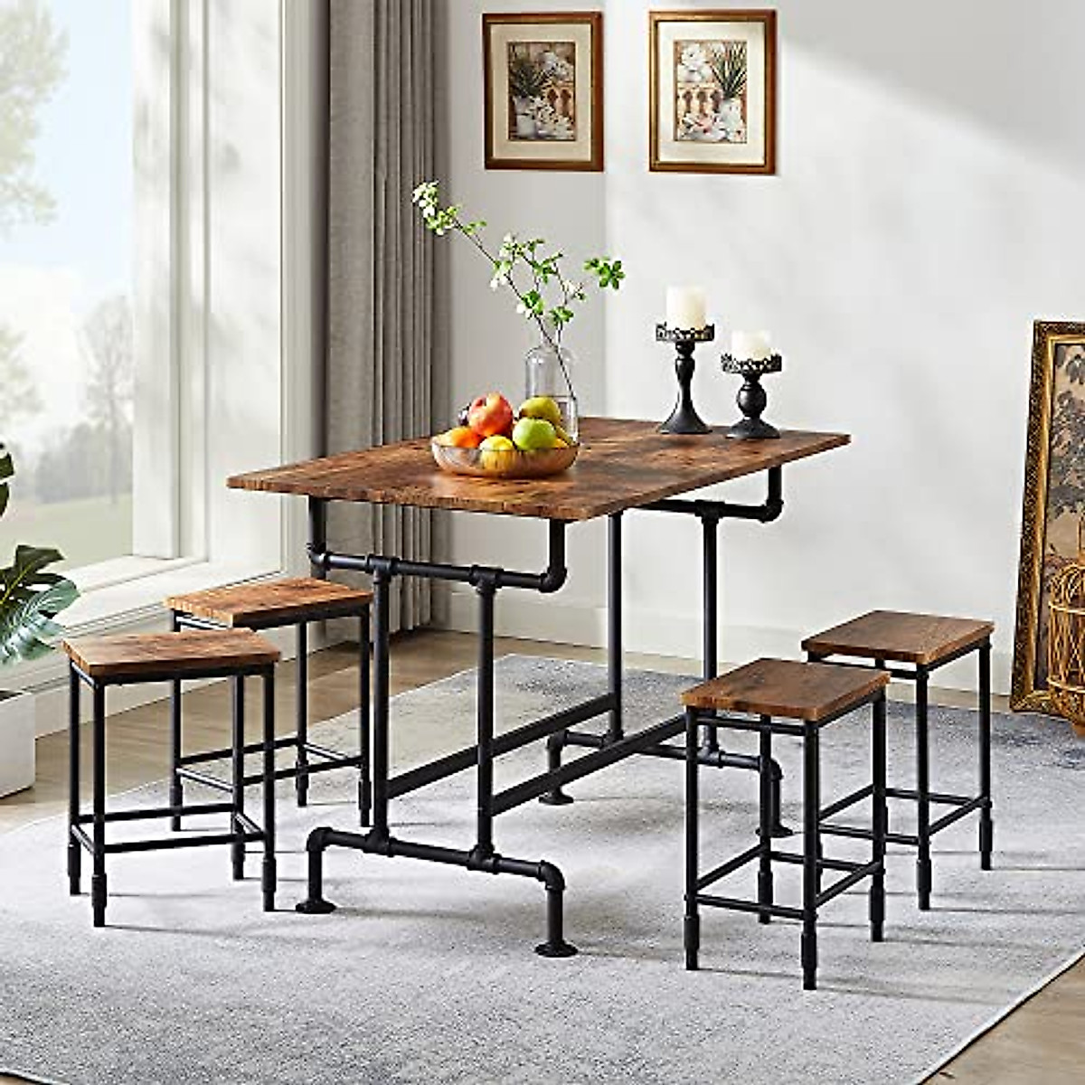 VECELO Dining Table Set for 4 Kitchen Industrial Bar Dinette with Rectangular Tabletop, Save Spacing&Sturdy Metal Frames for Home Breakfast Farmhouse Living Room Small Apartment, Brown