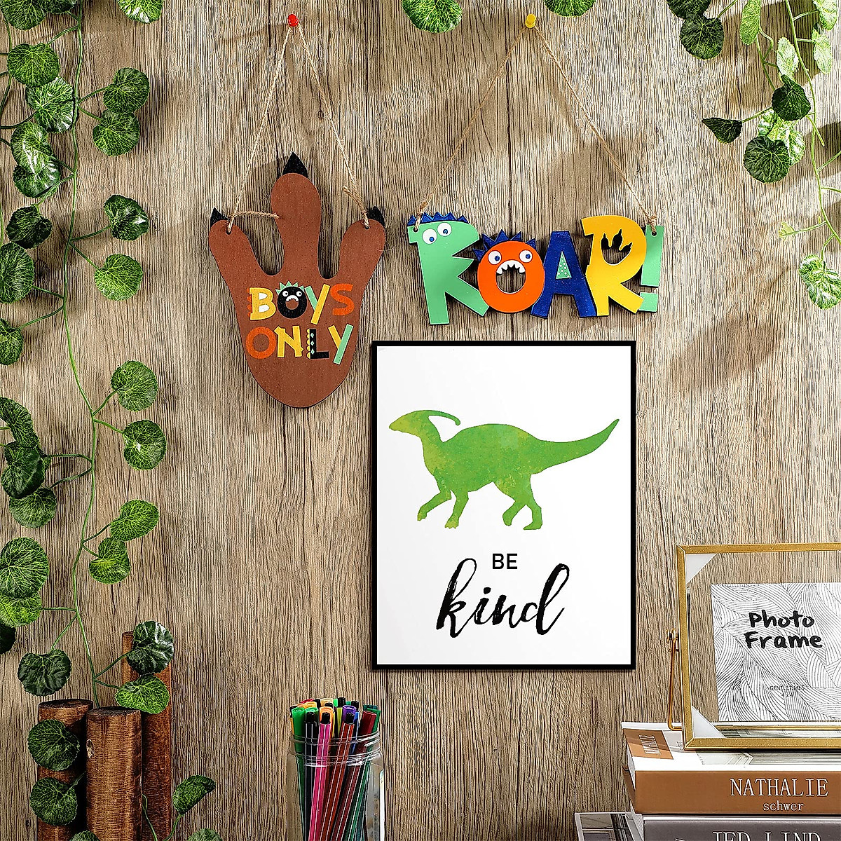 Jetec 6 Pcs Dinosaur Boys Room Wall Decor Include 2 Dinosaur Paw Wooden Hanging Sign 4 Wall Stickers (Unframed) Inspirational Quote Dino Decor Gift for Kids Bedroom Nursery Playroom