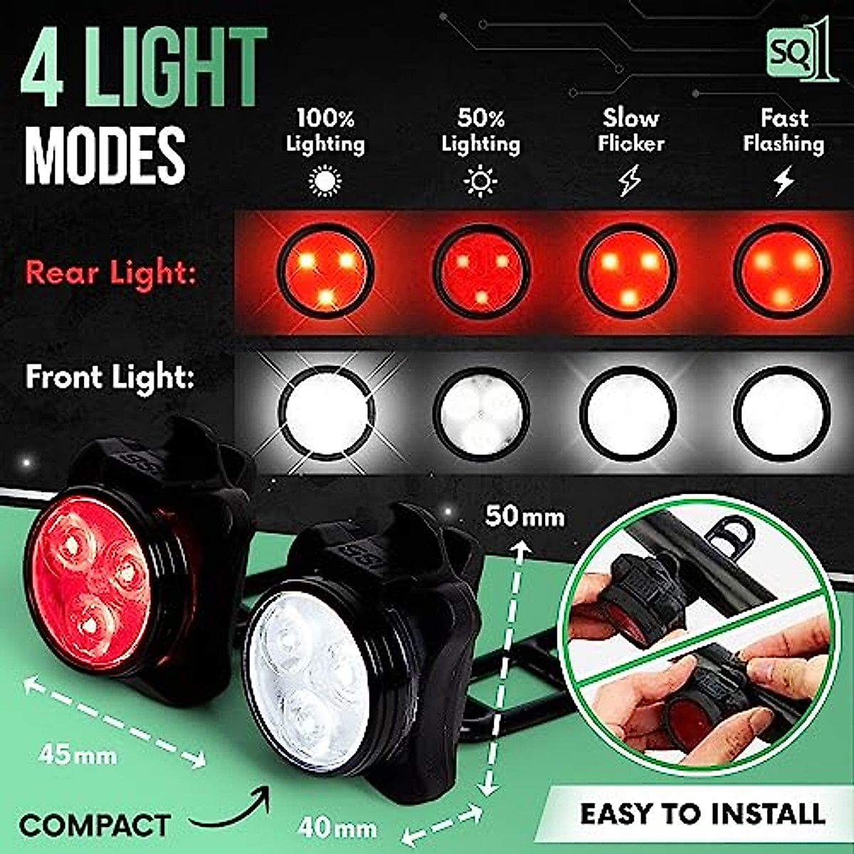 Square1 Bicycle Lights Front and Rear Rechargeable - Bright 300 Lumen Bike Lights for Night Riding - Durable, Waterproof & Multi-Use - Perfect Bike Head Light & Tail Light Set for Night Riding