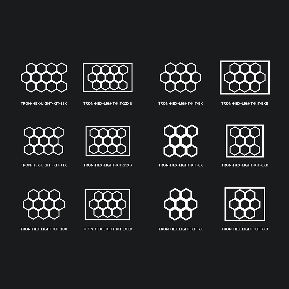 TRON Auto Lab 9X (Nine) Hexagon LED Light Kit, with Border Upgrade, Grid Series, Super Bright Daylight White 6500K, TRON-HEX-LIGHT-KIT-9XB