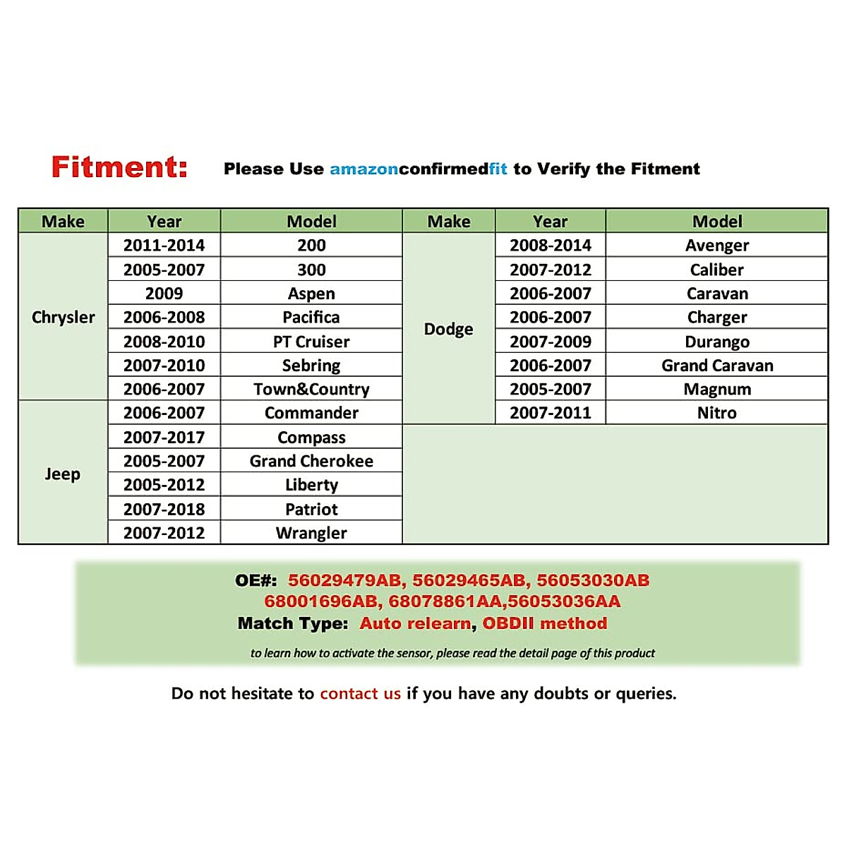 Marsflex TPMS Sensor Fit for Chrysler 200 300 Pacifica Sebring, for Dodge Avenger Charger, for Jeep Commander Compass Wrangler, Tire Pressure Monitoring System OE: 68001696AB, 68078861AA 315MHZ